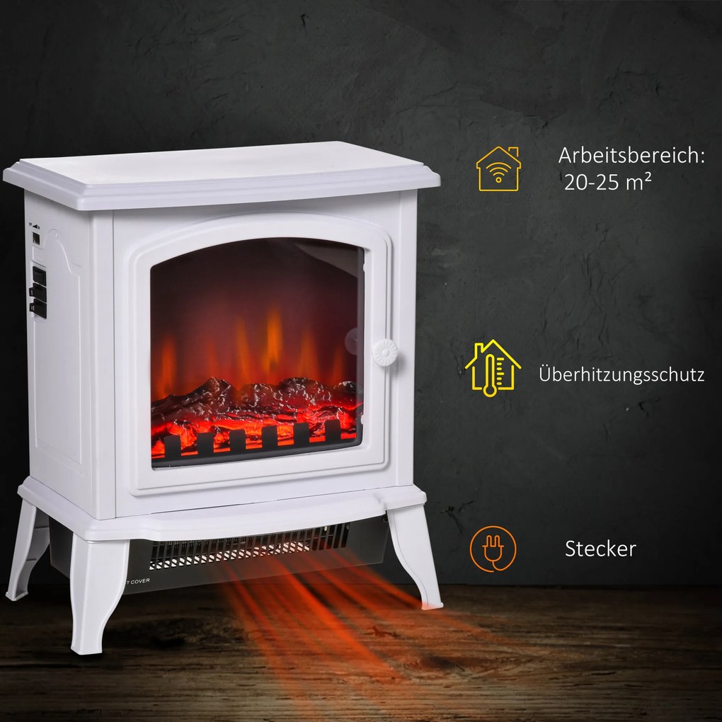 HOMCOM Volně stojící elektrický krb, plamenový efekt, 2 režimy vytápění 1000W/2000W, tvrzené sklo, bílá, 36,5x24x45,5 cm