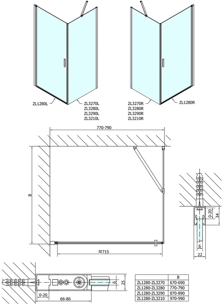 Polysan, Zoom Line čtvercová sprchová zástěna 800x800mm L/P varianta, ZL1280ZL3280