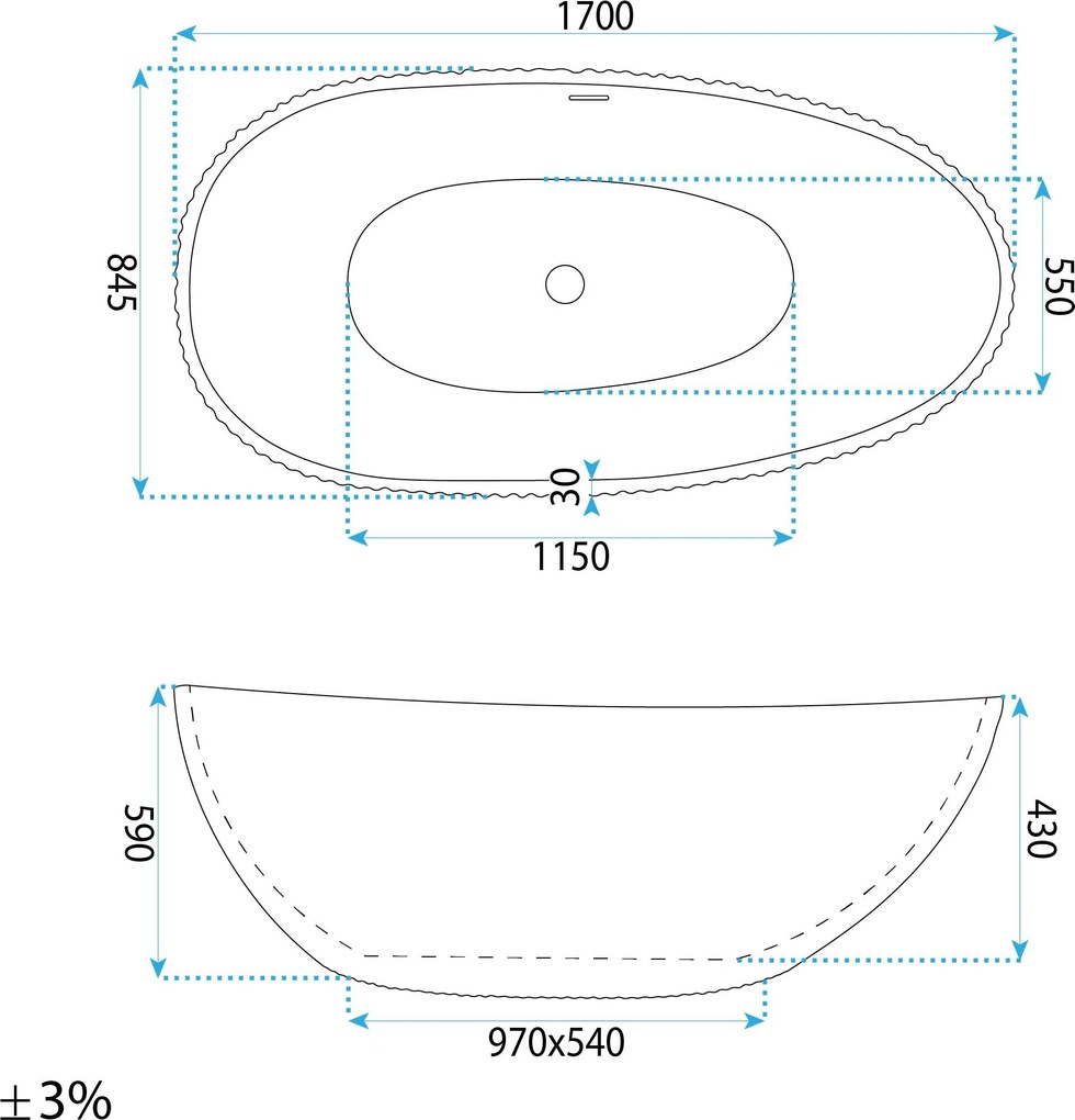 Volně stojící akrylátová vana REA CARMEN 170x84,5 cm bílý, sifon Click-Clack - zlatý kartáčovaný