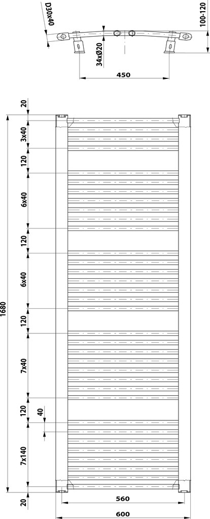 Aqualine Orbit otopné těleso oblé 600 x 1680 mm boční připojení bílá ILO66T