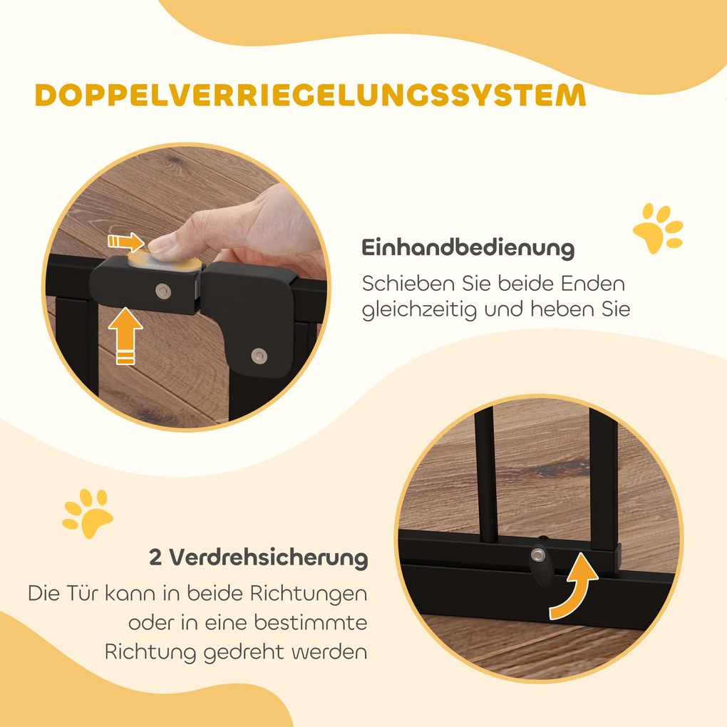 Bezpečnostní branka pro psy PawHut, 75-145 cm, nastavitelná, otevírání do dvou směrů, dvojité zamykání, montáž bez vrtání, ABS, ocel, černá| Aosom