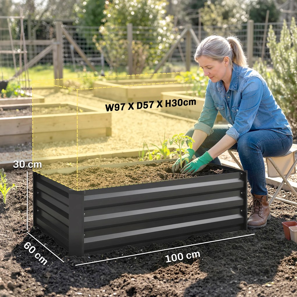 Vyvýšený záhon Outsunny, sada 2 květináčů, nerezové květináče, tmavě šedé pozinkované ocelové květináče pro terasy a balkony
