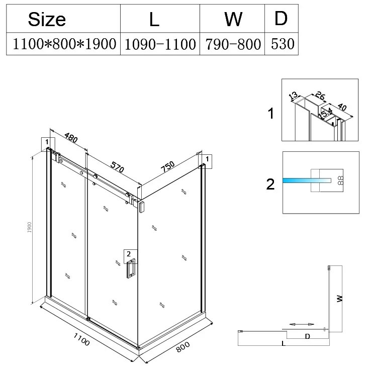 BPS-koupelny Obdélníkový sprchový kout HYD-OK15B 110x80 černá/transparent - bez vaničky