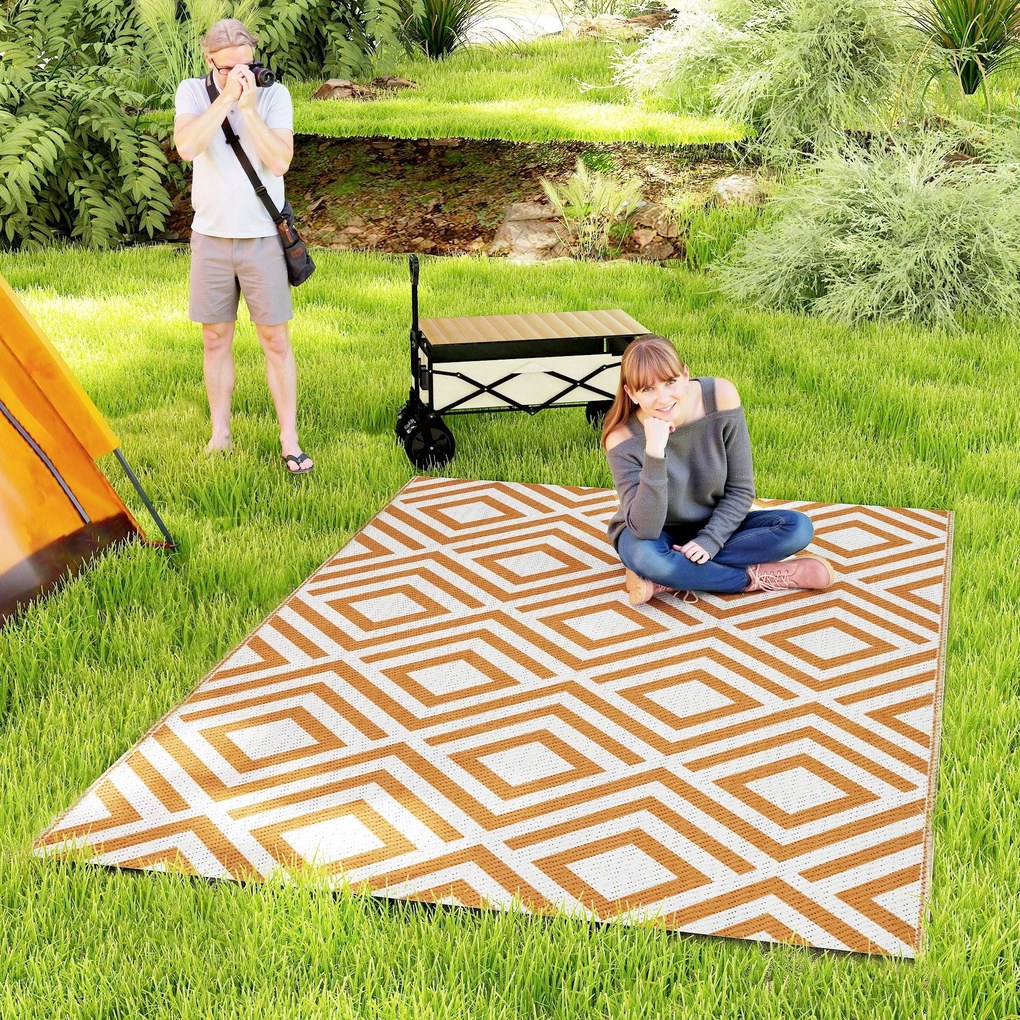 Outsunny Venkovní Koberec 182x274 cm Převrátitelný Koberec s Geometrickým Diamantovým Vzorem Voděodolný pro Terasu, Balkon, Patio, Kempování, Pláž Čer