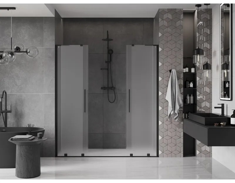 Mexen Velar L Duo, posuvné sprchové dveře do otvoru 170 cm, 8mm sklo námraza, černá matná, 871-170-003-32-70