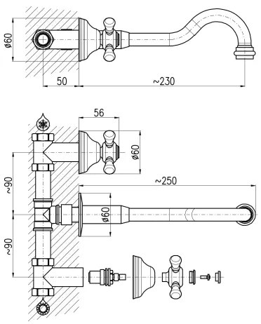 RAV Slezák MK131SM - Umyvadlová baterie pro podom. instalaci MORAVA RETRO mosaz