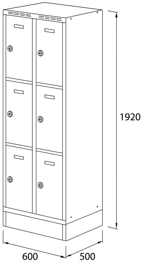 Alfa 3 Šatní skříňka S6 s úložnými boxy na soklu, 6 boxů, 1920 x 600 x 500 mm, otočný zámek, šedé dveře