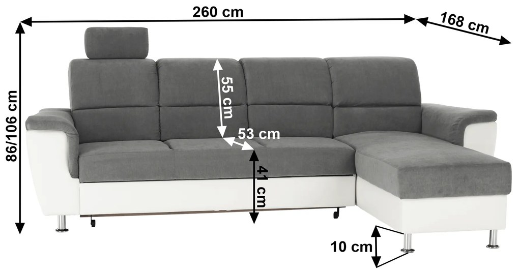 Kondela Sedací souprava, ekokůže bílá / látka šedá, pravá, SANTIAGO