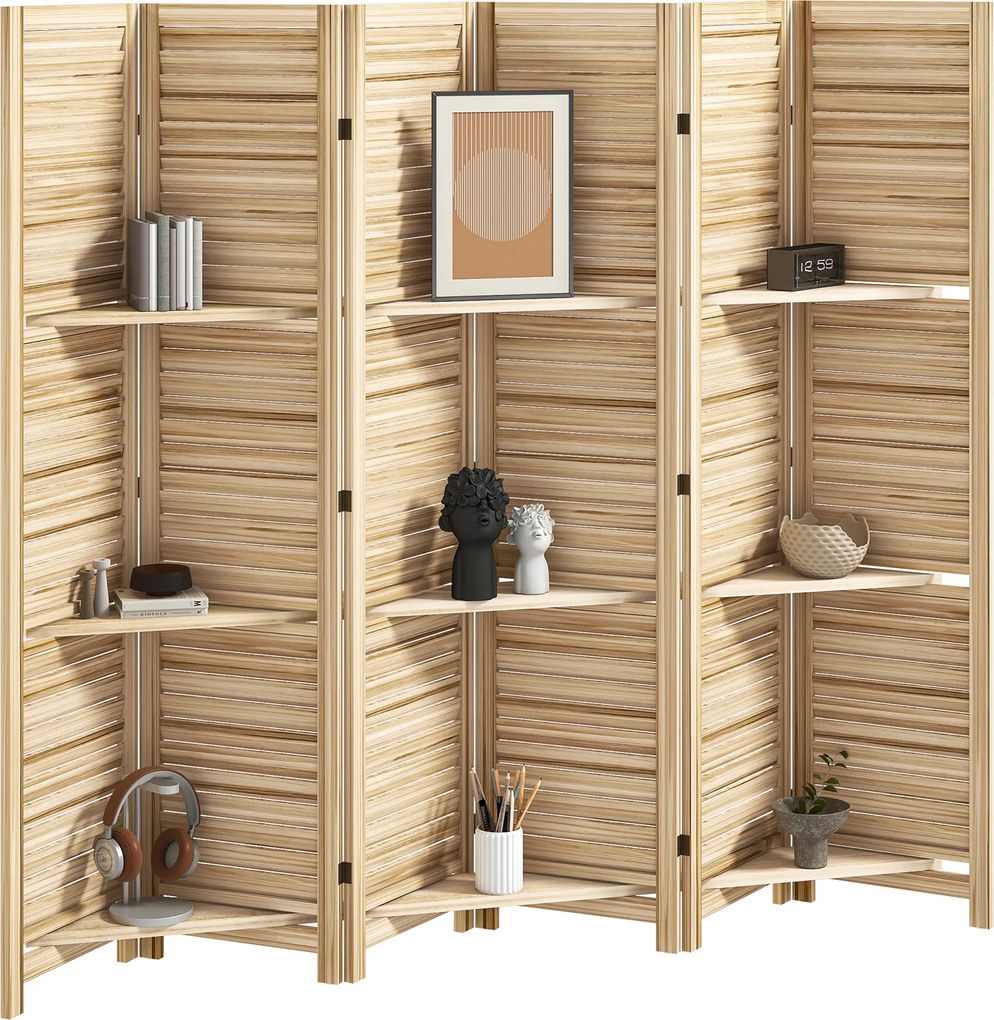 HOMCOM vnitřní paraván ze dřeva 4 panely 160 x 170 cm, skládací dělicí příčka s 3 policemi, přírodní dřevo s vypáleným efektem