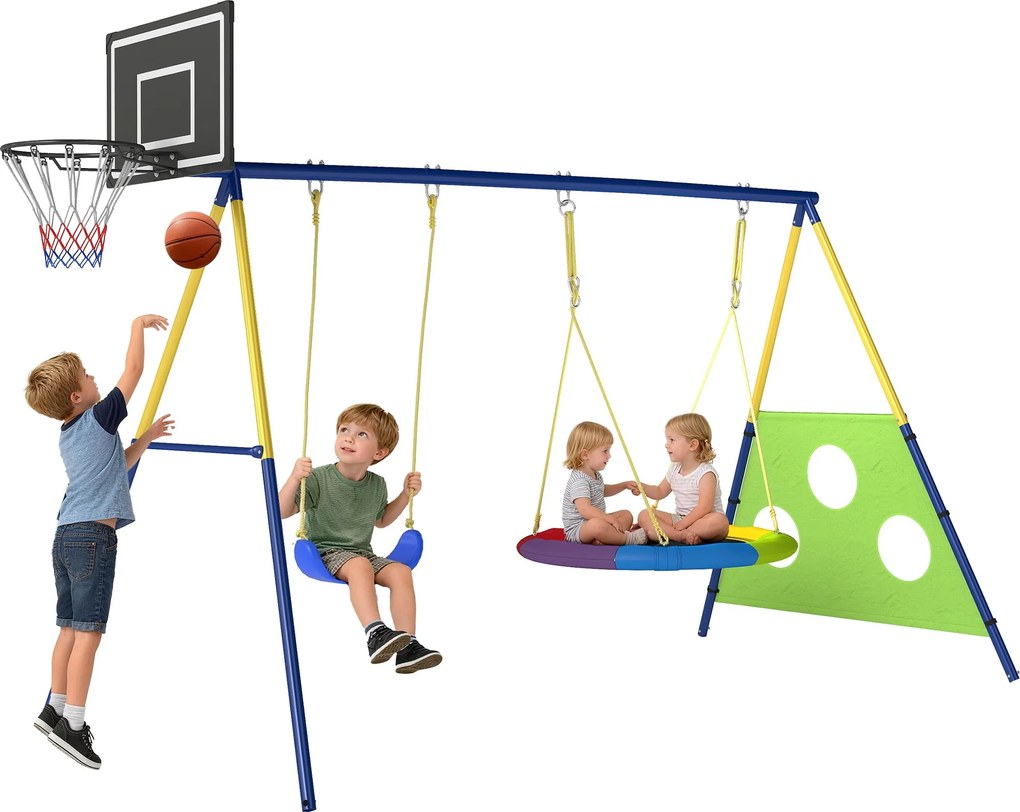 AIYAPLAY dětská houpačka 4v1 – ocelový A‑rám, hnízdová houpačka, sedátko, basketbal a fotbal, nastavitelné lana, 288 × 160 × 220 cm | Aosom