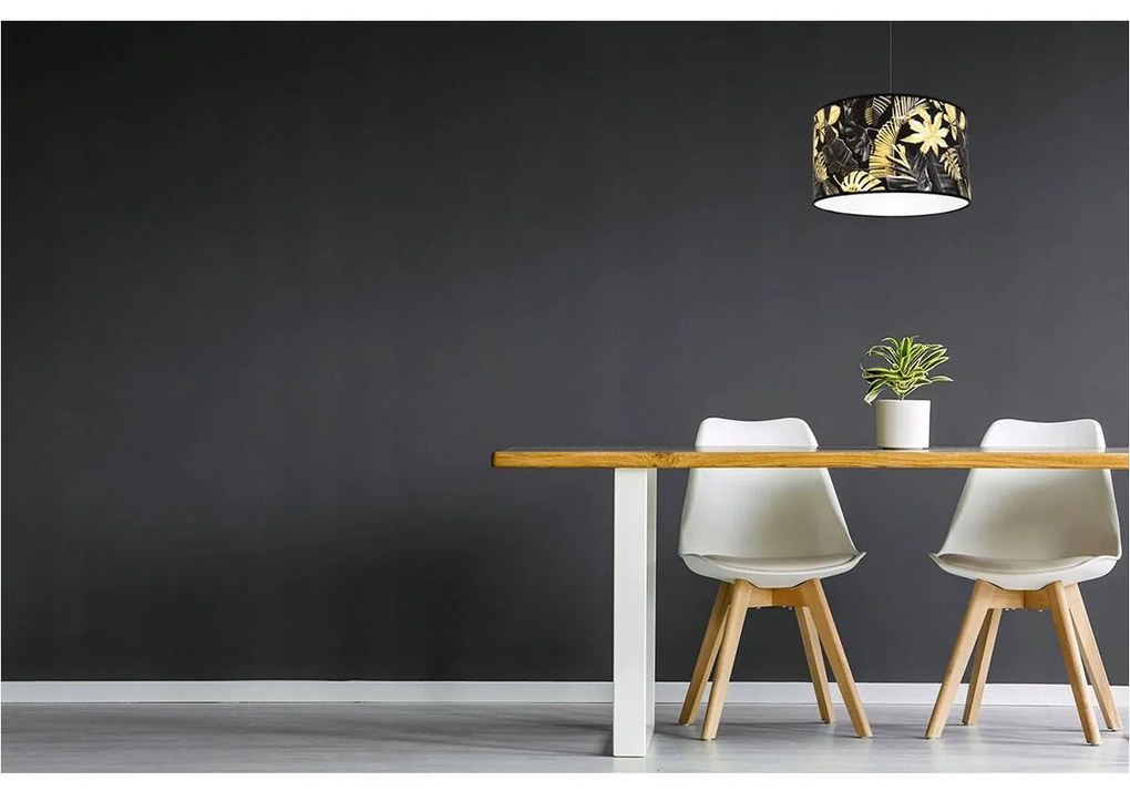 Závěsné svítidlo Gold Flowers, 1x černé textilní stínítko s květinovým vzorem, (fi 35cm)