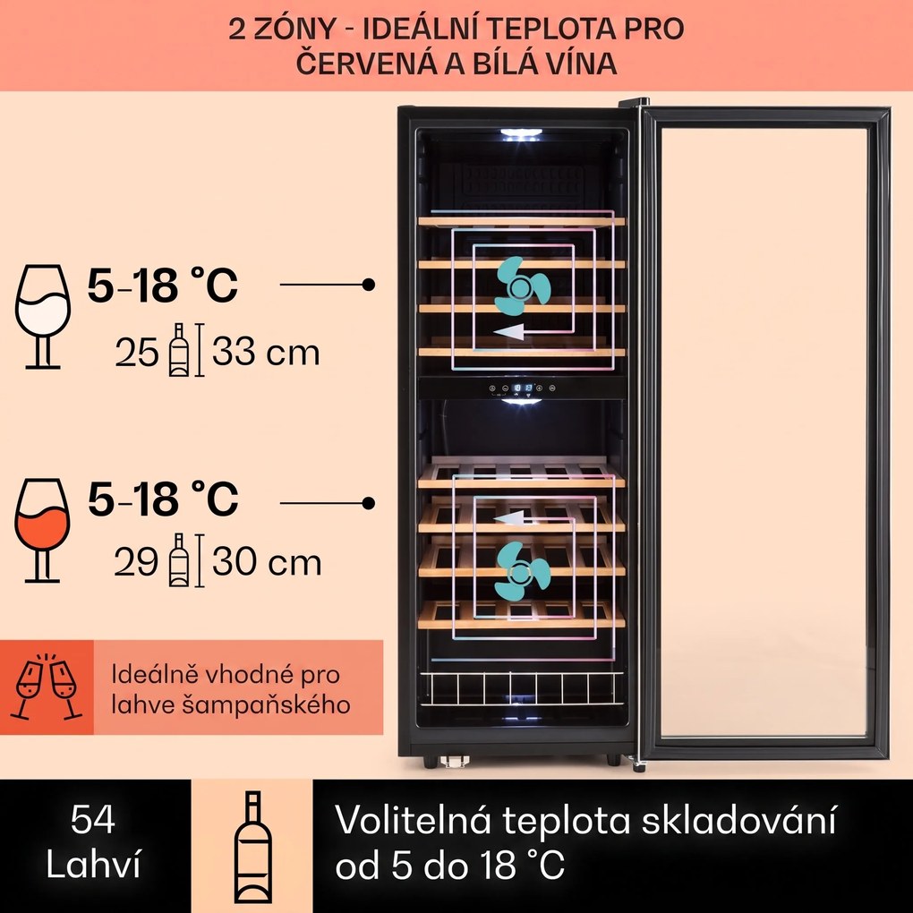Klarstein Vinamour 54D, vinotéka, 148 l/54 lahví, 2 zóny, nerezová ocel