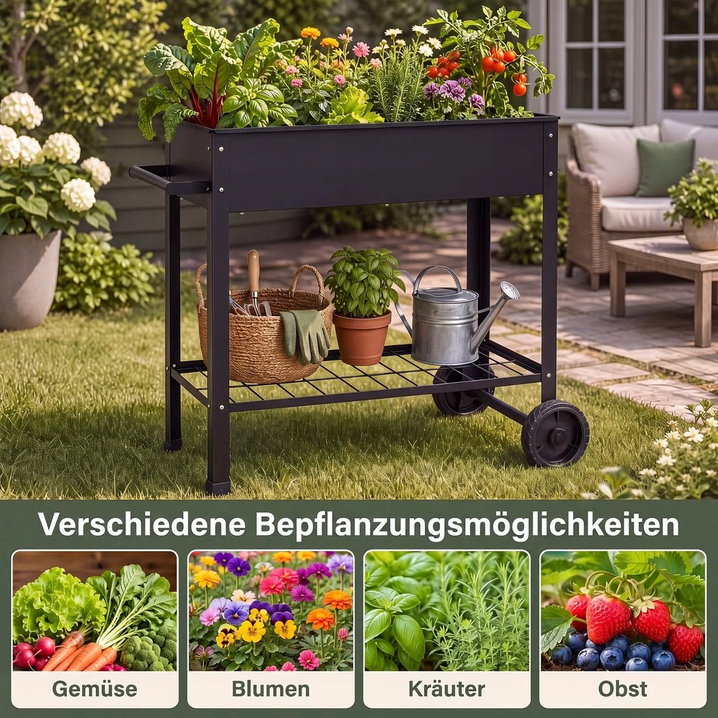 Costway Vyvýšený záhon kovový s 2 kolečky Zeleninový záhon s – 88 × 37 × 80 cm