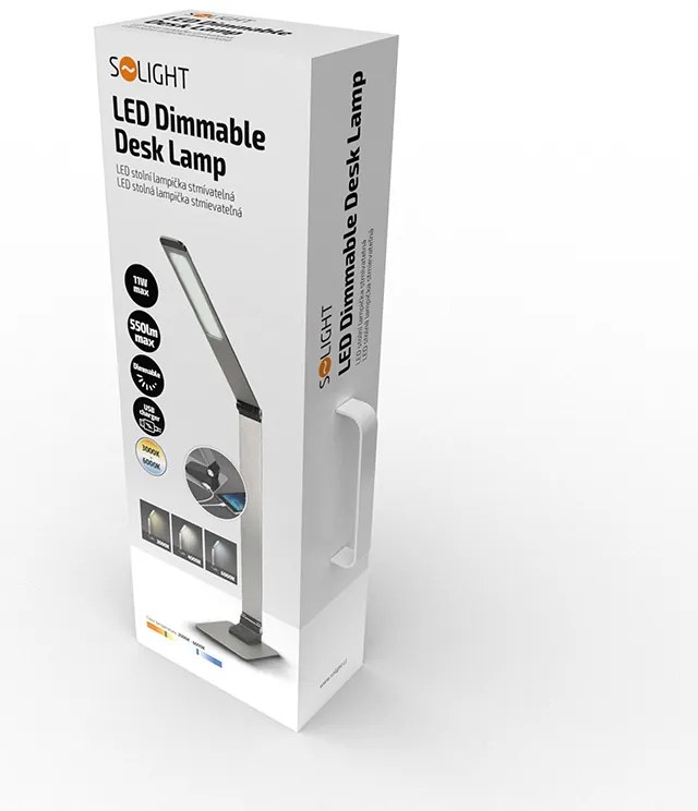 Solight LED stolní lampička stmívatelná, 11W, změna chromatičnosti, broušený hliník, stříbrná