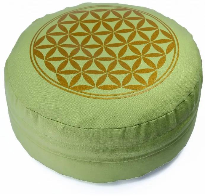 S radostí - vlastní výroba Meditační polštář se zlatým Květem života - zelená pistáciová Velikost: ∅30 x v18 cm