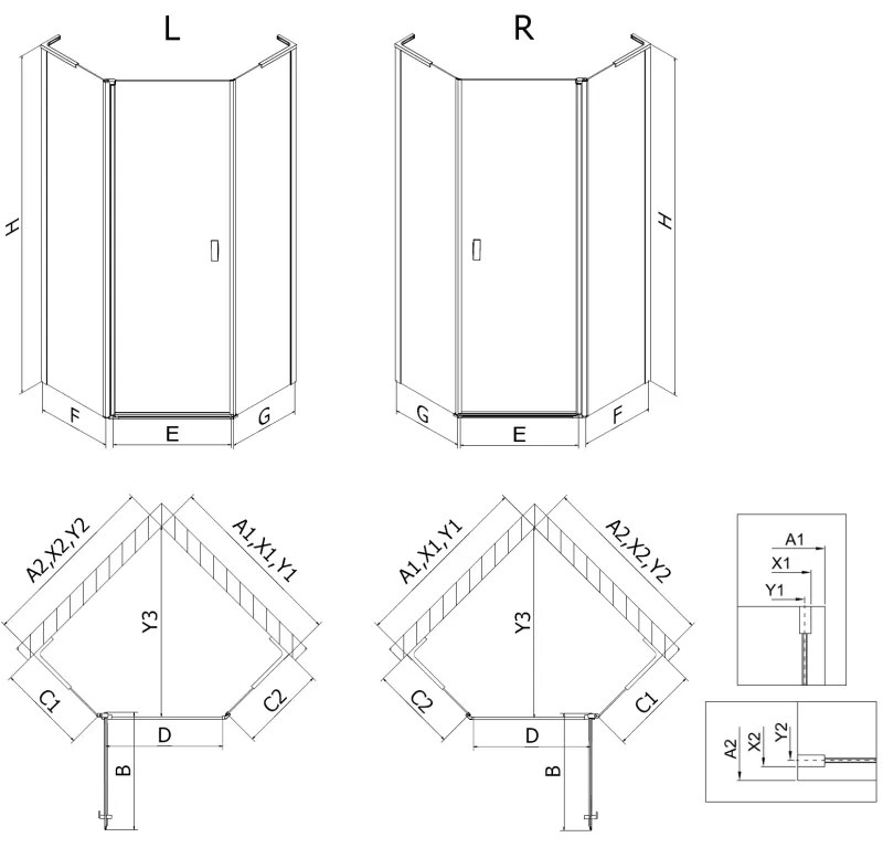 Mexen Mist L, pětiúhelníkový výklopný sprchový kout 90 x 90 cm, čiré sklo, měděný matný profil, 8A8L-090-090-65-00