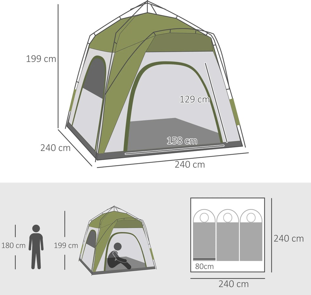 Outsunny Campingový stan pro 4 osoby s oknem 240x240x195cm Hliníková slitina a sklolaminát Snadné stavění Zelená šedá 190TPU1000mm |