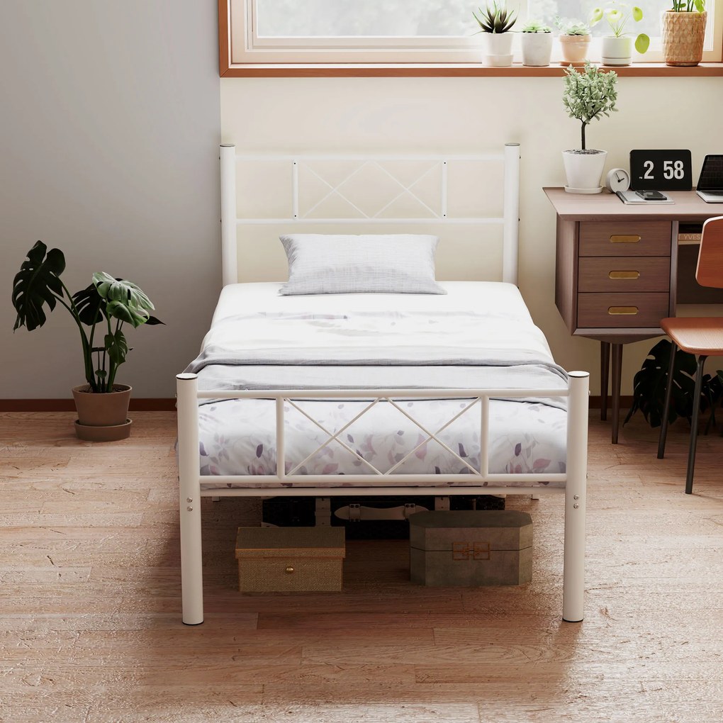 Rám postele HOMCOM pro matraci 200 x 90 cm, 88 cm vysoký jednolůžkový rám z oceli, pro ložnici či pokoj pro hosty, Bílý