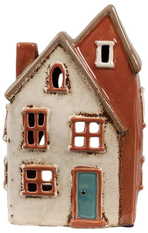 Béžovo-hnědý keramický svícen na čajovou svíčku domek Amster Village - 13*8*20 cm