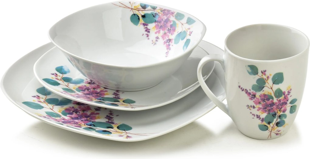 Porcelánová jídelní sada s hrníčkem LEA Lavender 16 ks bílá/fialová