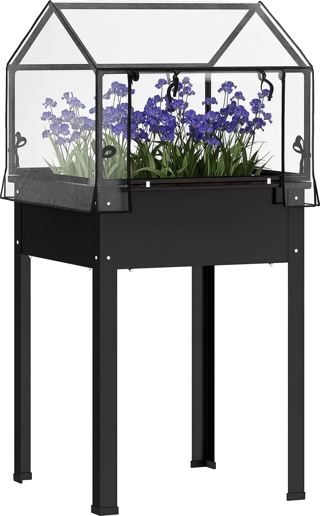 Outsunny Zvýšený záhon se střechou skleníku, vyvýšený truhlík na rostliny s drenážními otvory, 60 x 120 cm, černý