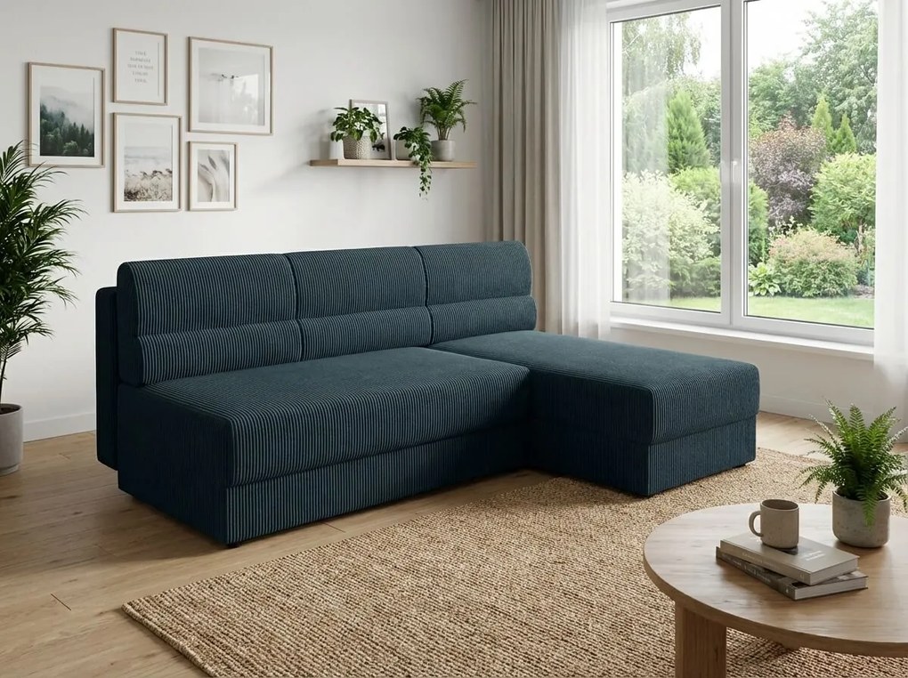 Rozkládací oboustranná sedací souprava do L TAVERO SLIM 201x140 cm, tmavě modrá