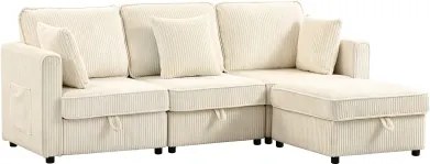 HOMCOM 3-místná chaise-longue s úložným prostorem a obrátitelnou otomanským sedadlem z kordového materiálu 235x153x85 cm krémově bílá