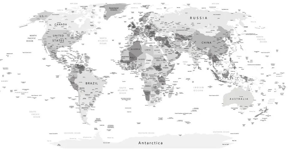 Samolepící tapeta černobílá mapa s názvy - 300x200 cm