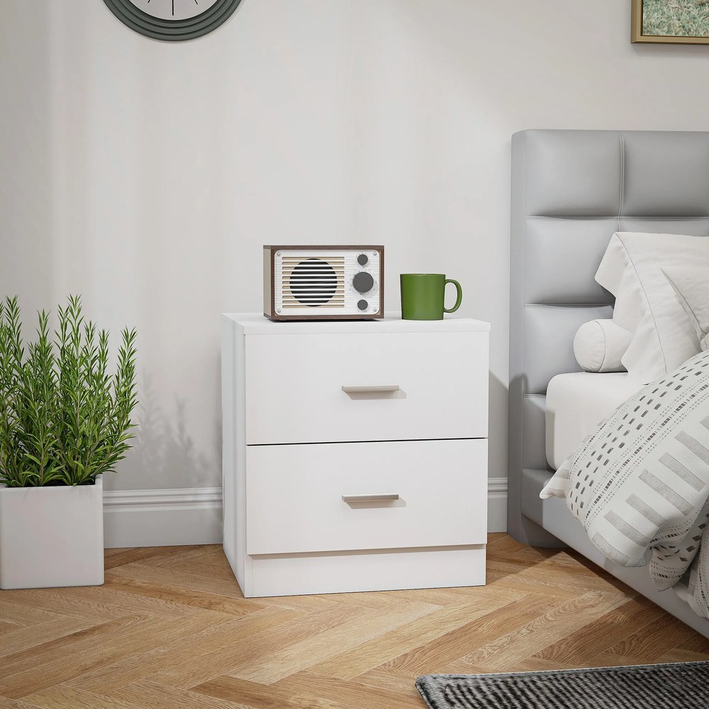 HOMCOM Moderní Noční Stolek s 2 Zásuvkami, Stolek do Obývacího Pokoje a Ložnice, Nosnost 30 kg, 45x39,5x49 cm, Bílý