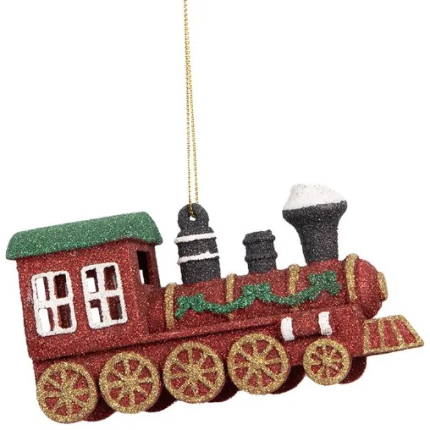 Červená vánoční ozdoba třpytivá lokomotiva – 12x4x7 cm