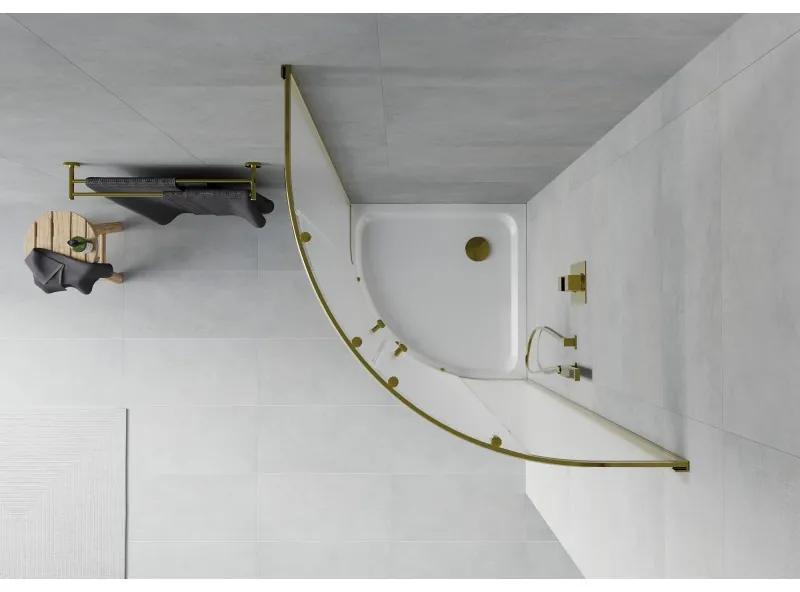 Mexen Rio půlkruhový sprchový kout 90 x 90 cm, Vzor jinovatky, Zlatá + sprchová vanička Flat, Bílá - 863-090-090-50-30-4110G
