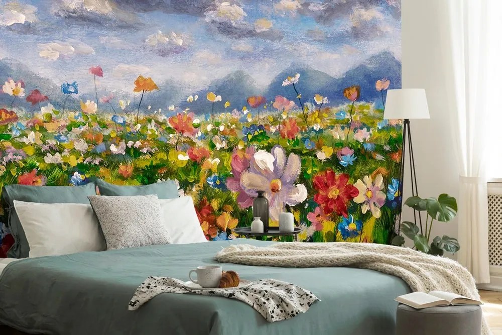 Samolepící tapeta olejomalba divoké květiny - 225x150 cm