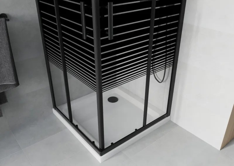 Mexen Rio, čtvercový sprchový kout s posuvnými dveřmi 70 (dveře) x 70 (dveře) x 190 cm, 5mm čiré sklo s pásky, černý profil + bílá sprchová vanička SLIM, 860-070-070-70-20-4010B