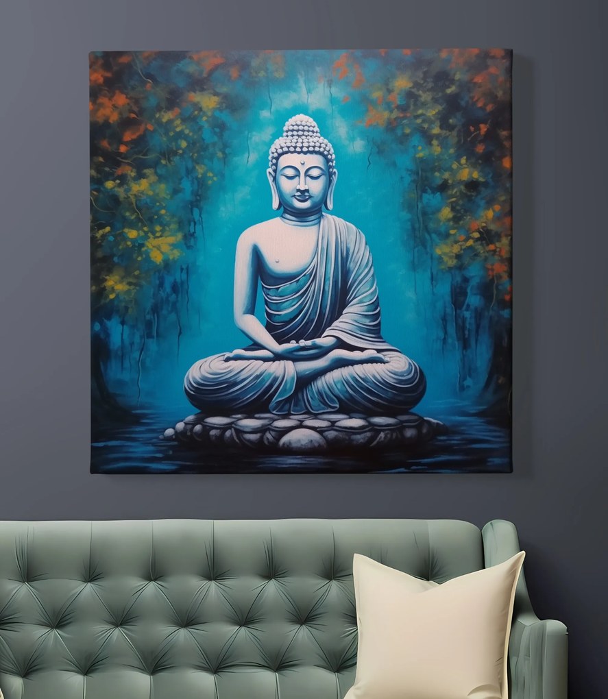 Obraz na plátně - Sedící buddha na kamenném ostrůvku FeelHappy.cz Velikost obrazu: 60 x 60 cm
