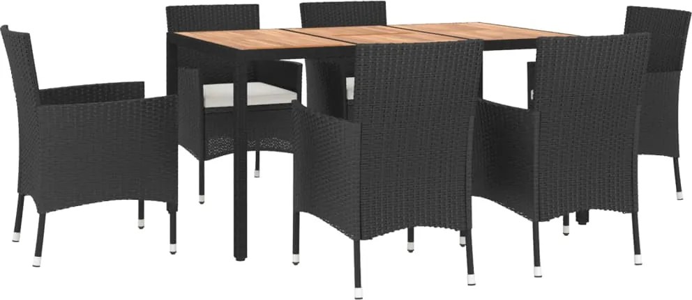 7dílný zahradní jídelní set s poduškami černý polyratan 3187391