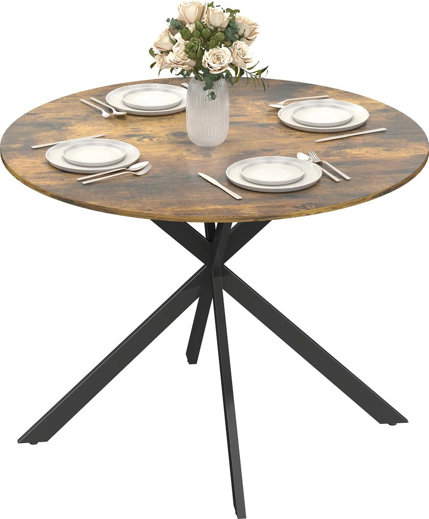 HOMCOM kulatý jídelní stůl pro 4 osoby, Ø100 cm, průmyslový styl, ocelové X-nohy, rustikální hnědá