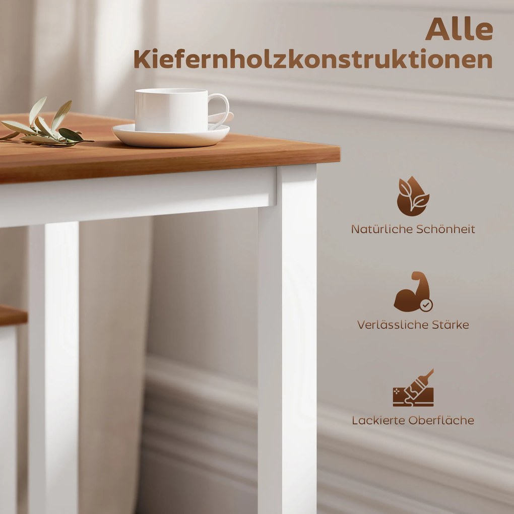 HOMCOM Jídelní sestava, jídelní stůl, 4 židle, jídelní souprava, borovicové dřevo, hnědá+bílá