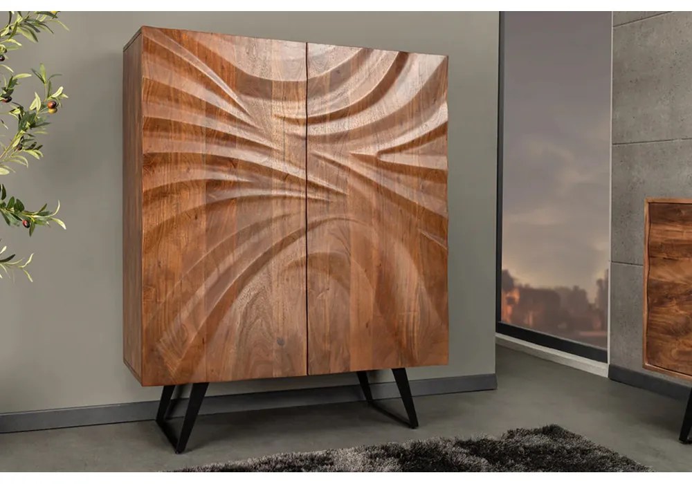 Massive home | Vysoká komoda HURRICANE 120cm 3D akátové dřevo hnědá
