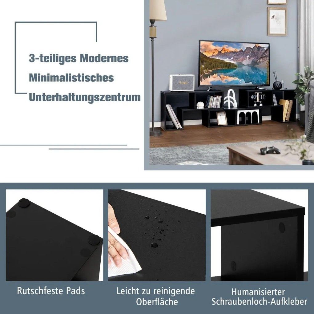 Costway Dřevěný televizní skříň 3dílný televizní stojan pro televizory do 65"