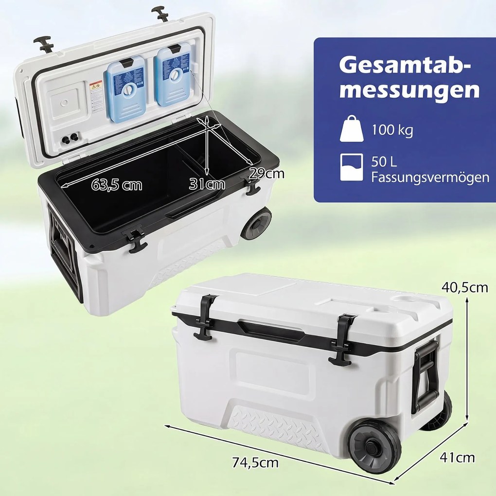 Costway Chladicí box 50 L Velký termobox z plastu s kolečky a madlem Izolovaný