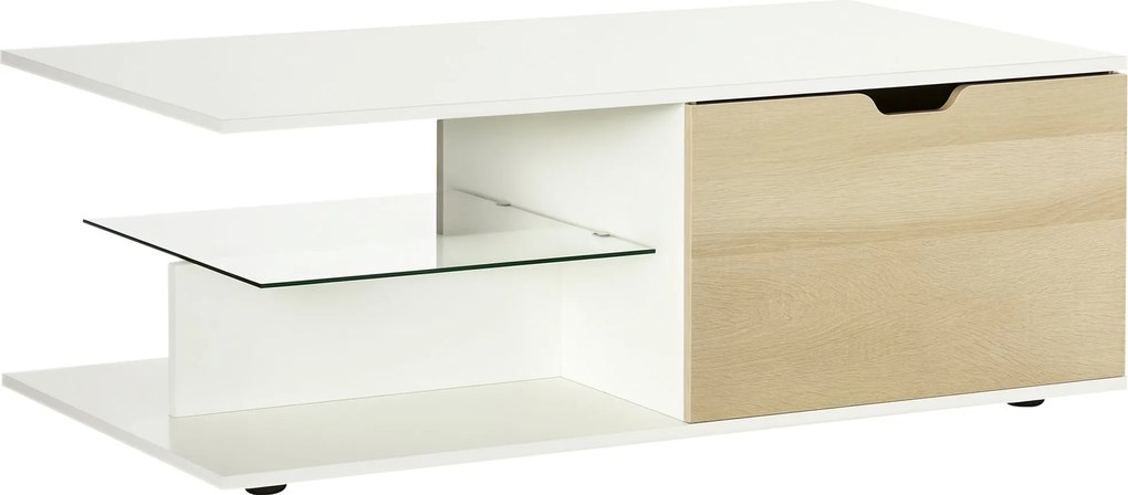 HOMCOM Moderní Design Obdélníkový Konferenční Stolek se 2 Zásuvkami, 2 Policemi a Skleněnou Policí, Bílý Dubový Vzhled 106 x 58 x 39 cm | Aosom