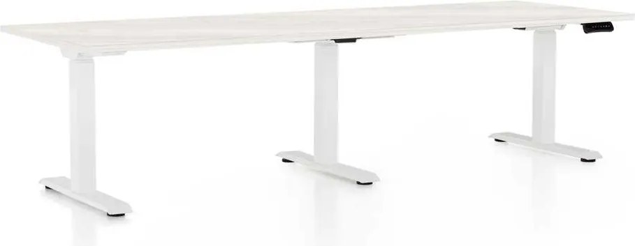 Výškově nastavitelný stůl OfficeTech Long, 240 x 80 cm, bílá podnož, bílý jasan