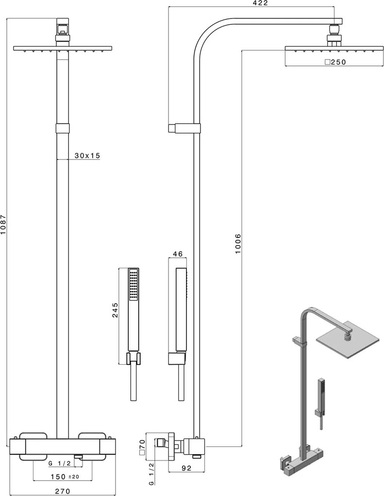 Sapho, DIMY sprchový sloup s termostatickou baterií, černý, DM322BL
