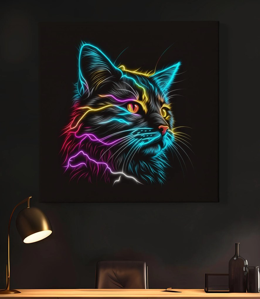 Obraz na plátně - Barevná zářící kočka FeelHappy.cz Velikost obrazu: 100 x 100 cm