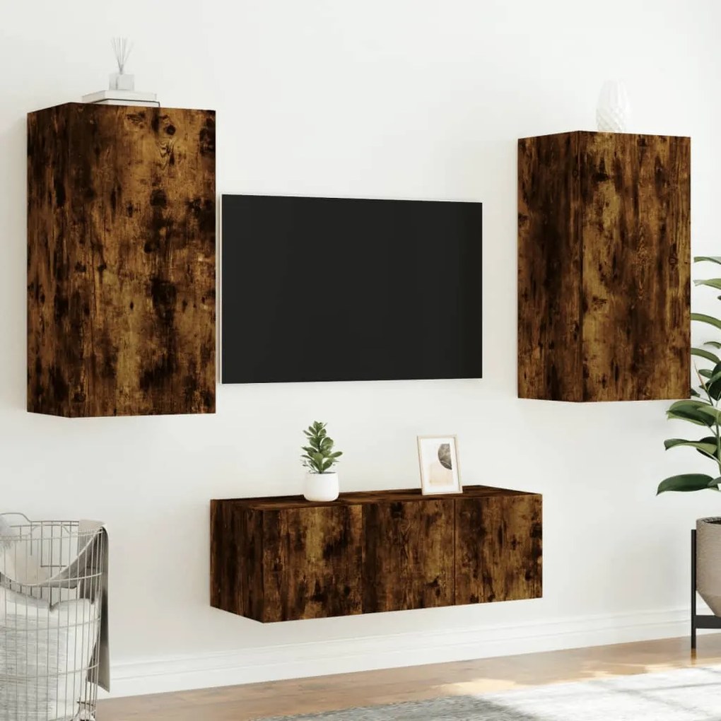 4dílná obývací stěna s LED kouřový dub kompozitní dřevo - Default Title