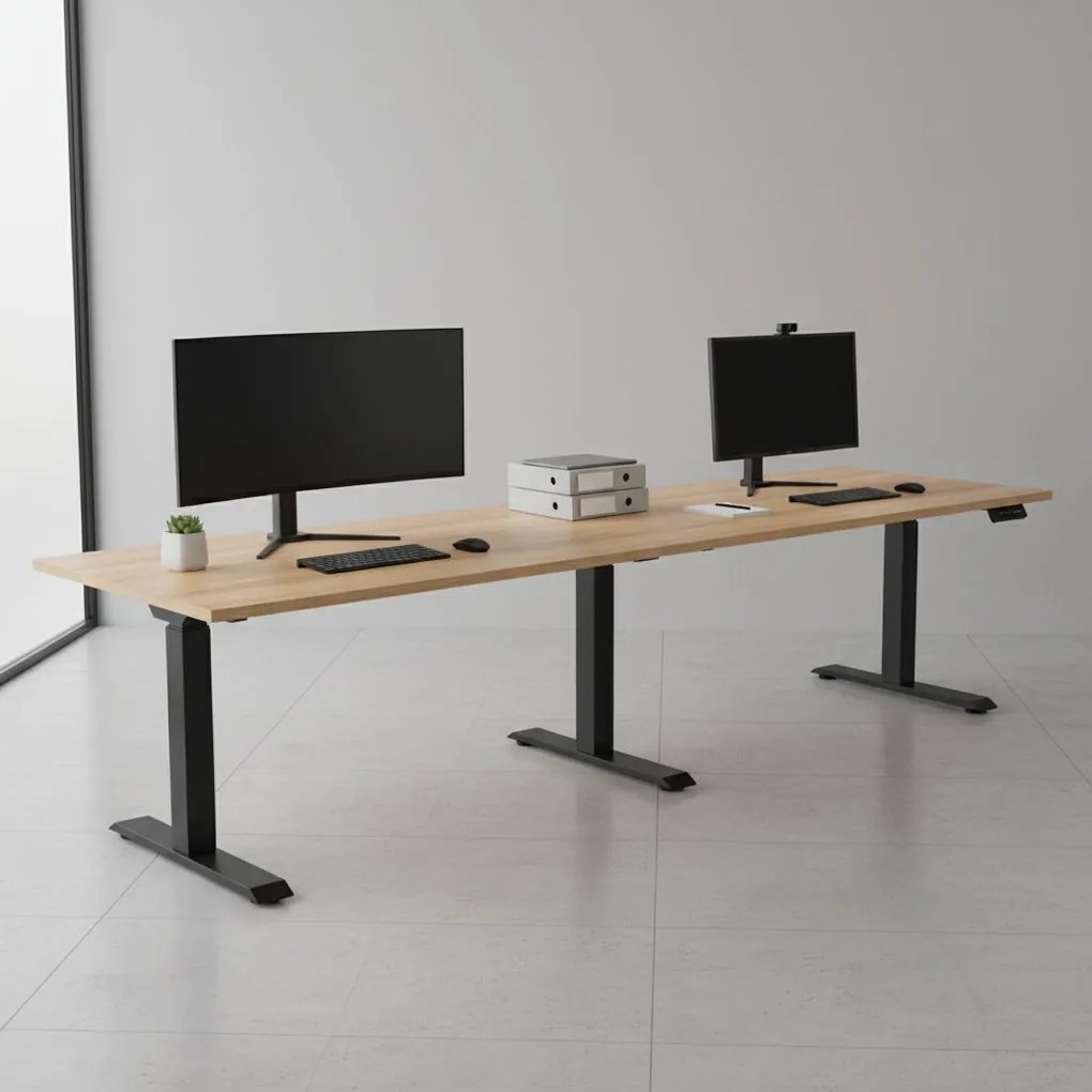 Výškově nastavitelný stůl OfficeTech Long, 260 x 80 cm, černá podnož, dub kraft