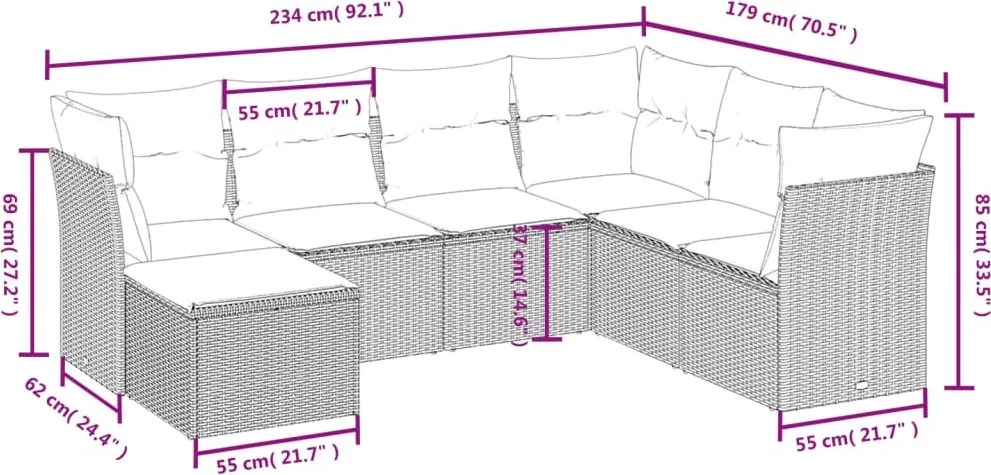 7dílná zahradní sedací souprava a podušky světle šedá polyratan 3263218
