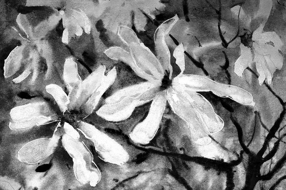 Obraz rozkvetlý akvarelový strom v černobílém provedení - 120x80 cm