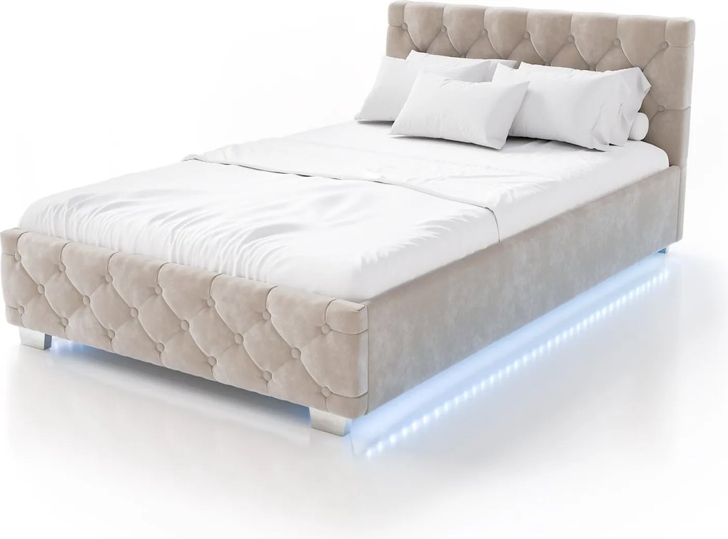 Juskys Čalouněná postel Nizza s LED osvětlením Barva: béžová, Velikost: 140 × 200 cm