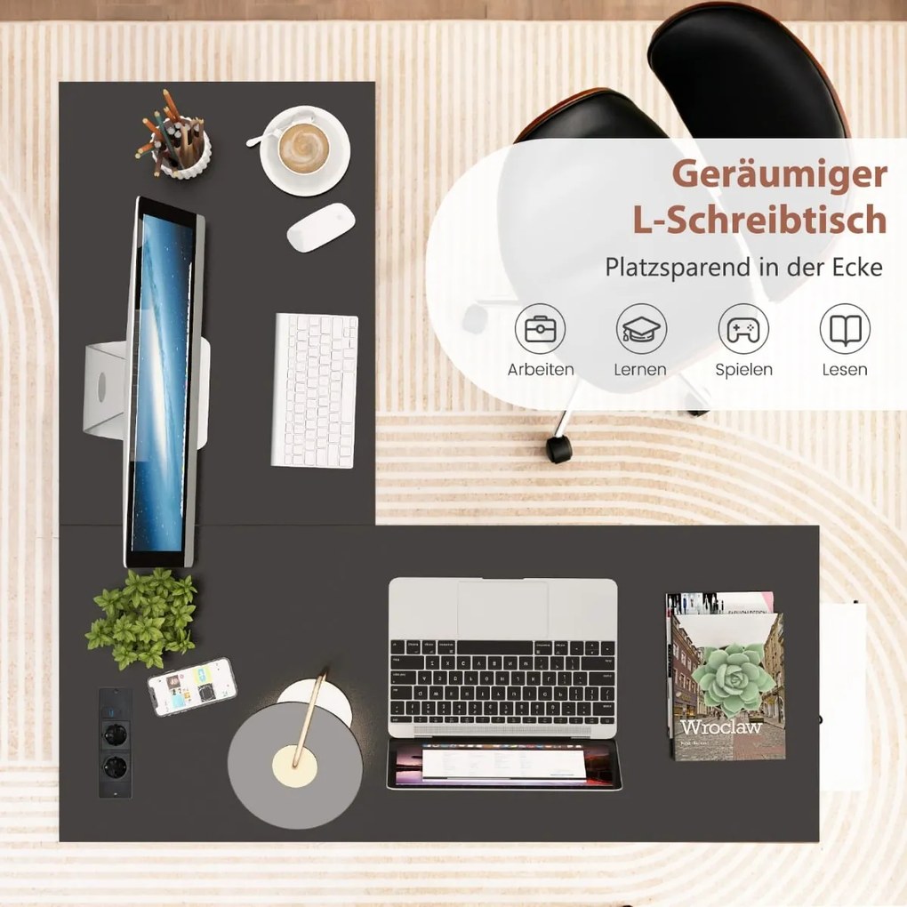 Costway Desk Rohový stůl ve tvaru L se zásuvkami a USB porty – 120 × 120 × 75 cm